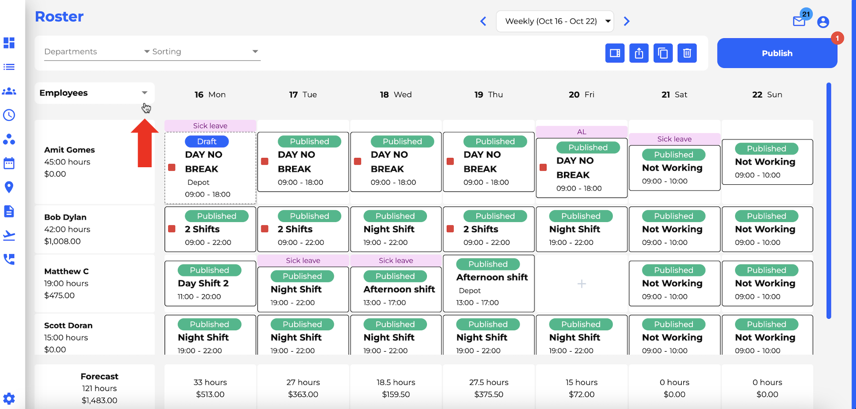 How to change to shift view on the Roster page?