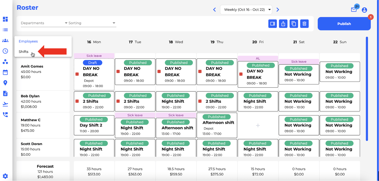 How to change to shift view on the Roster page?
